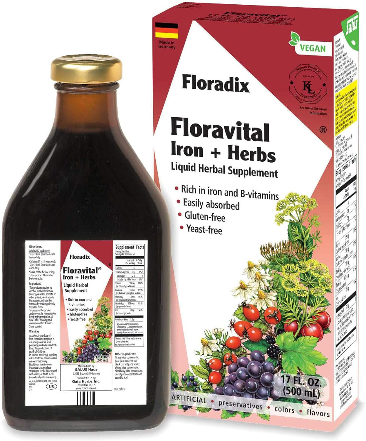 Floradix Floravital Iron & Herbs - Liquid Herbal Supplement for Energy ...